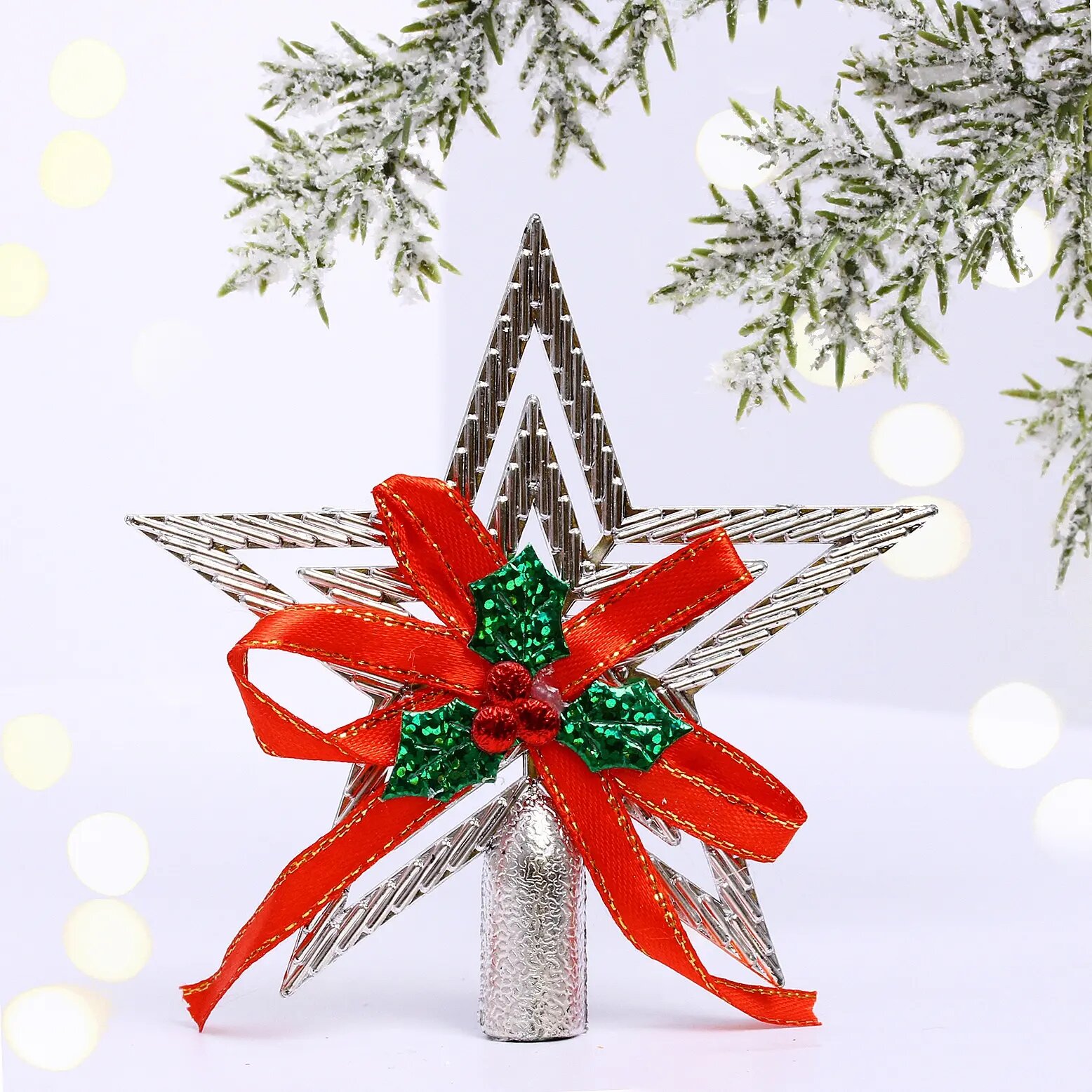 Звезда на ёлку «Классика» 9,5 см, серебристая, с бантом, для праздника