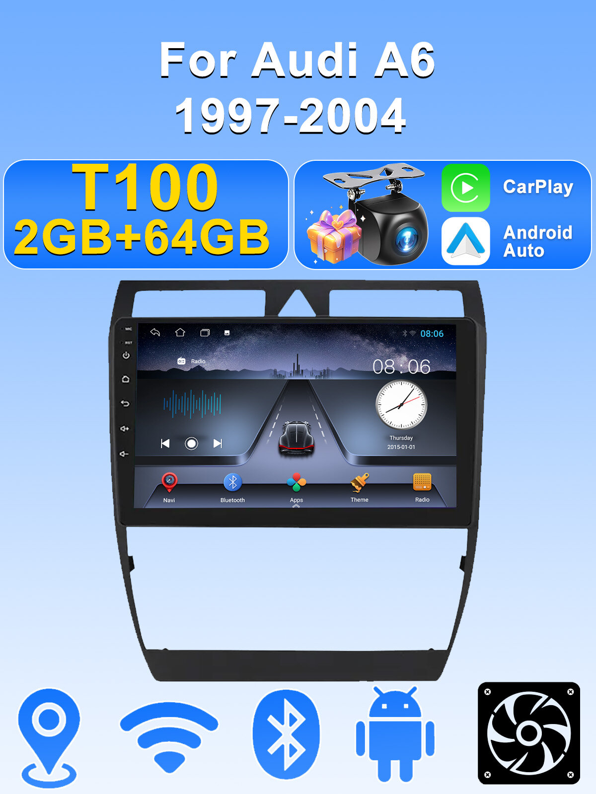 Магнитола для Audi A6 1997-2004 , Автомагнитола для Ауди А6,2din android 2+64G Мультимедиа Bluetooth FM WIFI Автомобильный