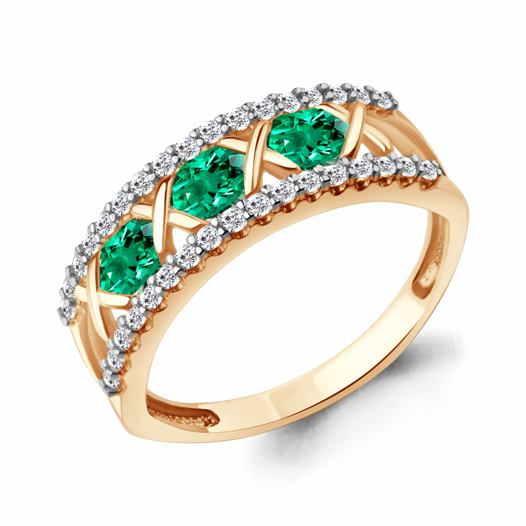 Кольцо, серебро, 925 проба, золочение, изумруд синтетический, фианит