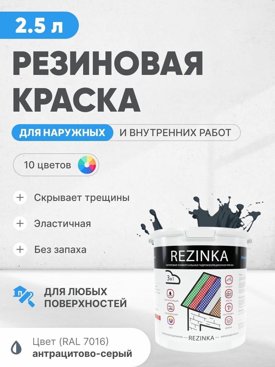 Резиновая краска Elastomeric REZINKA для наружных и внутренних, для кровли, фасада, оцинкованного металла, шифера, дерева, бетона, стен