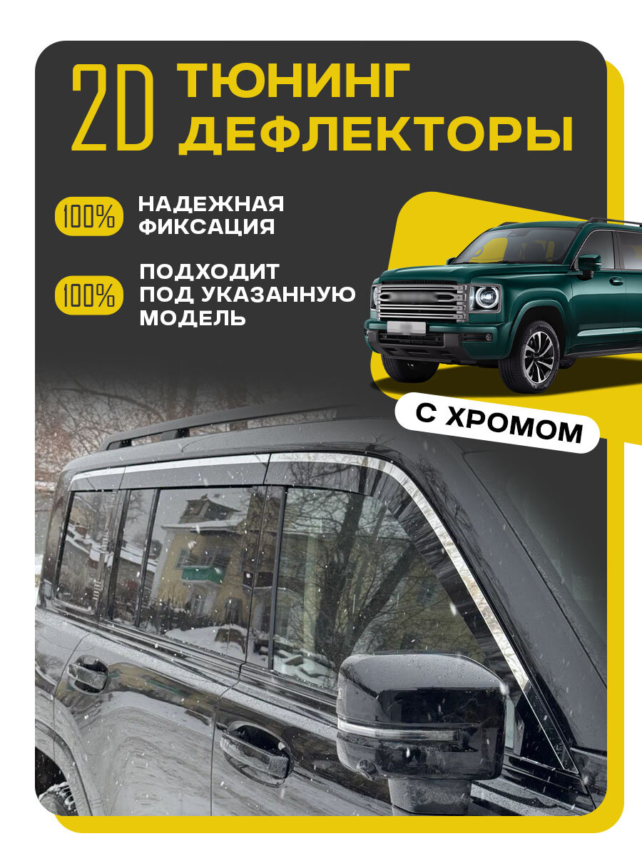 Плоские тюнинг дефлекторы с хромом для Haval H9 New (2024-н. в) 2 поколение / 2D ветровики на Хавал Н9. Комплект 6 шт.