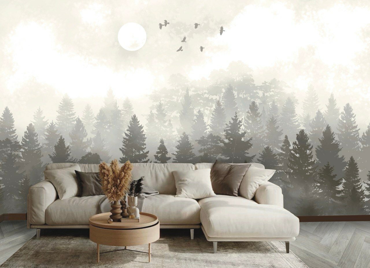 Фреска бесшовная "Туманный лес" бежево-коричневый (ширина 2550мм х длина 2000мм)