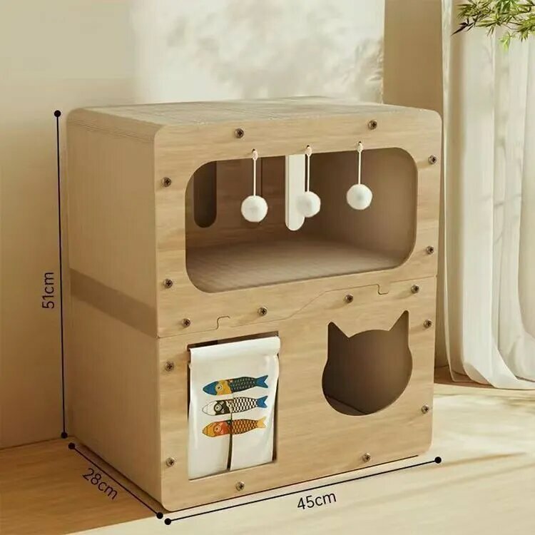 Двухэтажный домик-когтеточка для кошек Многофункциональный комплекс с лежанкой и когтеточкой (дерево + картон, 51см, для 3+ кошек)