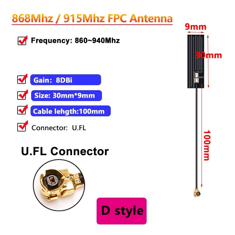 10 шт, 868 МГц, 915 МГц, 860 ~ 940 МГц, Lora FPC, патч для печатной платы, гибкая Omni Wi-Fi антенна, 8 дБи, внутренняя плата U.fl, 10pcs U.FL 13cm FPC