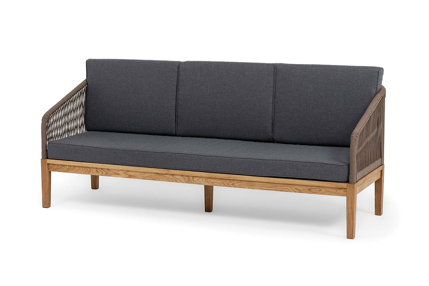 Диван 4SIS "Канны" диван 3-местный плетеный из роупа, основание дуб, роуп коричневый круглый, ткань темно-серая 027 арт. KAN-S-3-T002 brown(D-gray027)