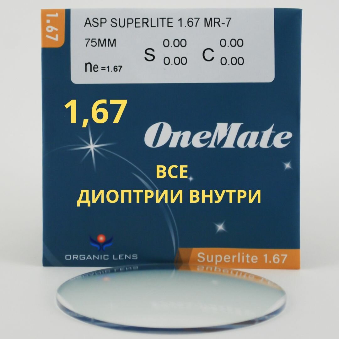 Линзы для очков, сфера +5.50 , цил -1.00 , асферические утончённые, индекс 1.67