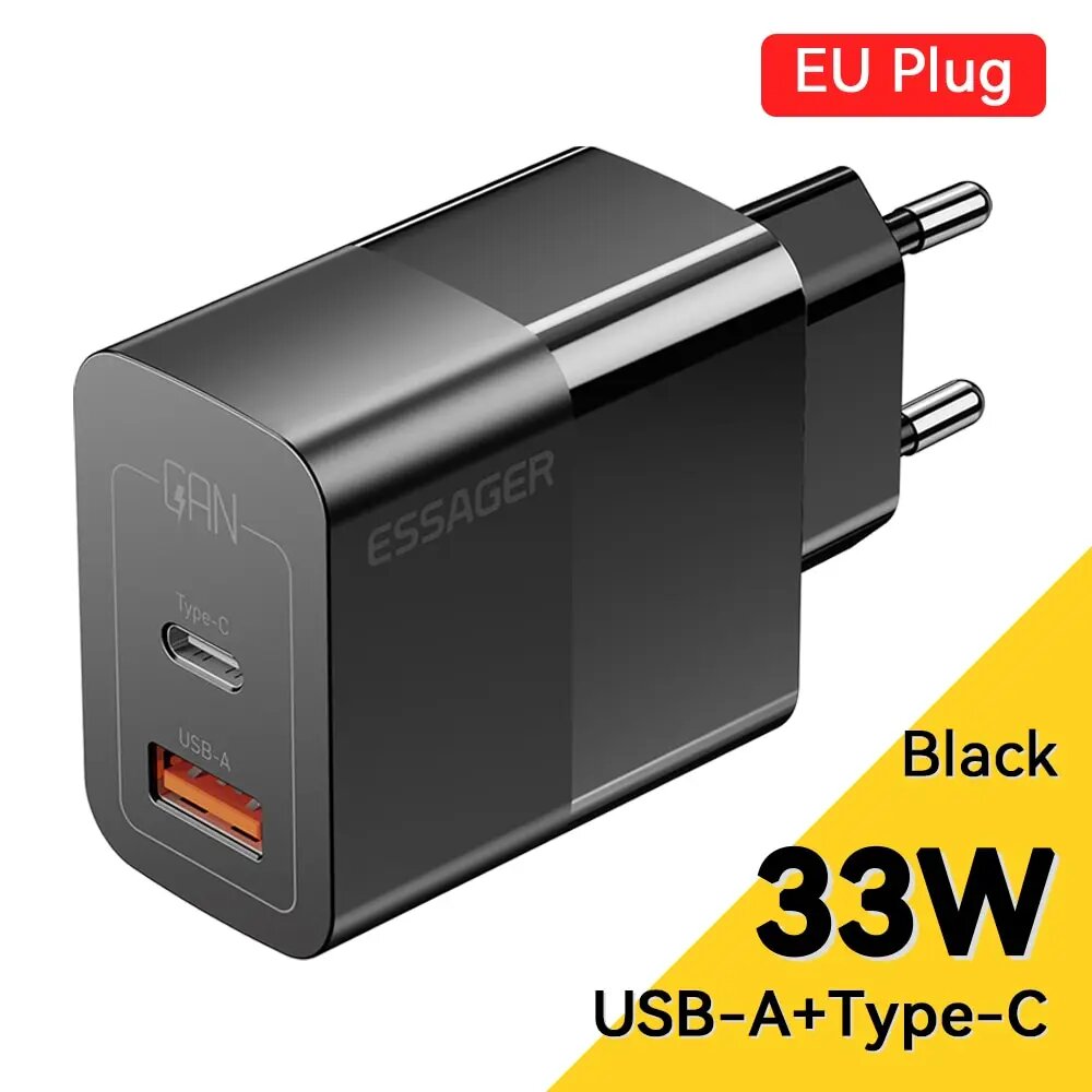 Essager USB C зарядное устройство 33 Вт GaN Type C PD Быстрая зарядка для iPhone 14 13 12 EU Black