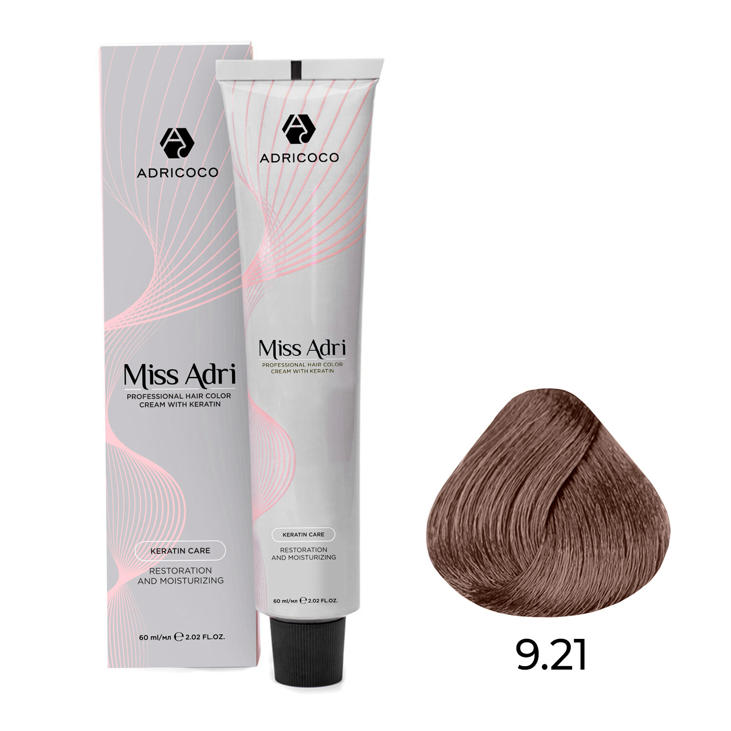 Крем-краска для волос Miss Adri с кератином, оттенок 9.21 Очень светлый блонд перламутровый пепельный, ADRICOCO, 60 мл