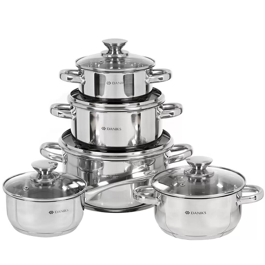 Набор посуды для готовки DANIKS из нержавеющей стали, 10 предметов: кастрюли 1,5 л, 2,2 л, 3,1 л, 5,4 л, ковш 1,5 л, подходит для индукции, серия "Оптима"