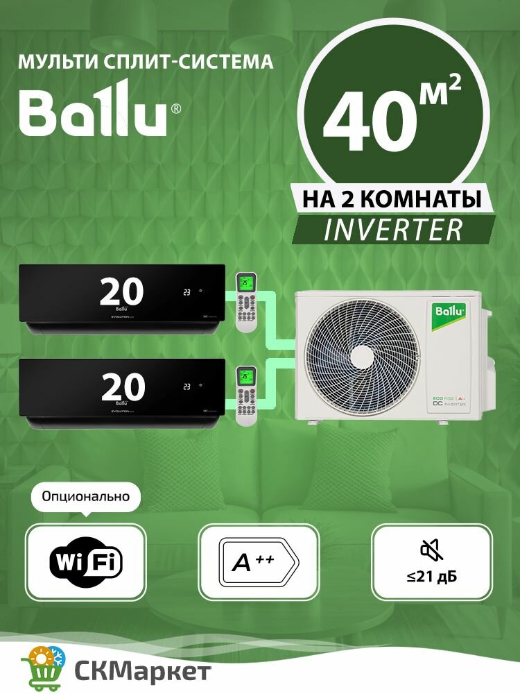 Технологичная мульти сплит система инвертор (кондиционер) на 2 комнаты (20+20) кв. м. Ballu Platinum Evolution BSUI-FM/in-07HN8/EU_BLx2/ BA2OI-FM/out-14HN8/EU, комплект черного цвета
