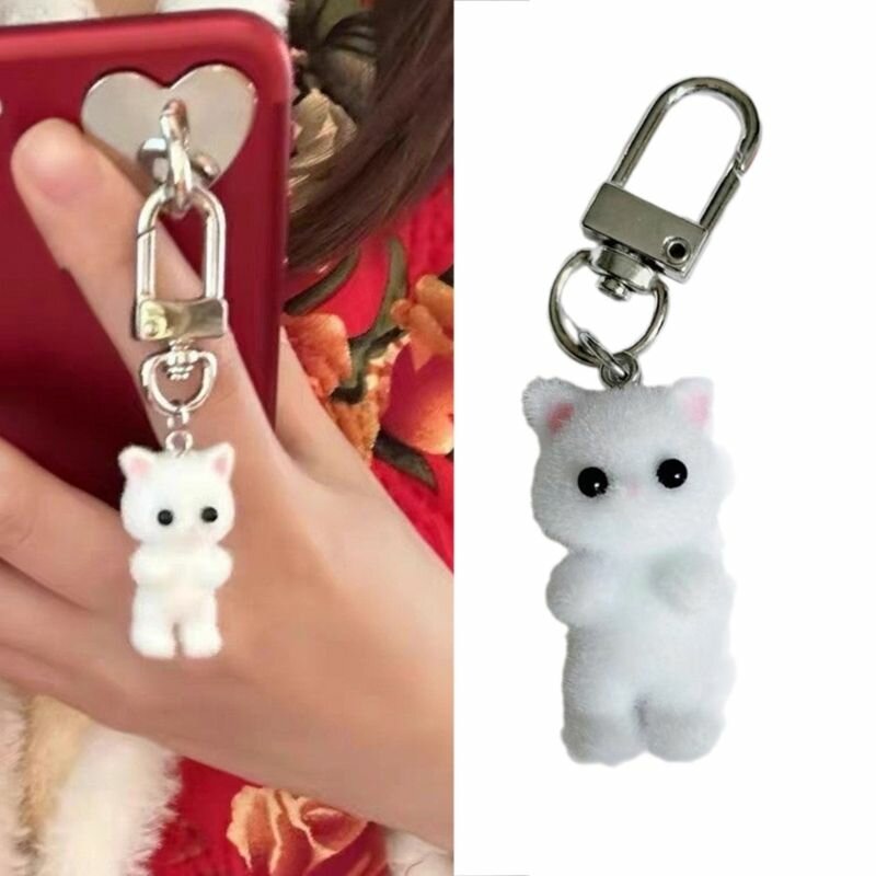 Симпатичная трехмерная подвеска для мобильного телефона в виде кошки из смолы с флокированием-белый-тип шнурка