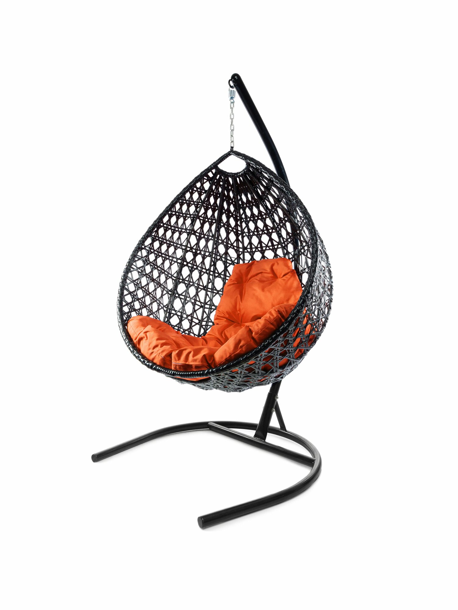 Подвесное кресло капля люкс, чёрное с оранжевой подушкой, плетение ромб