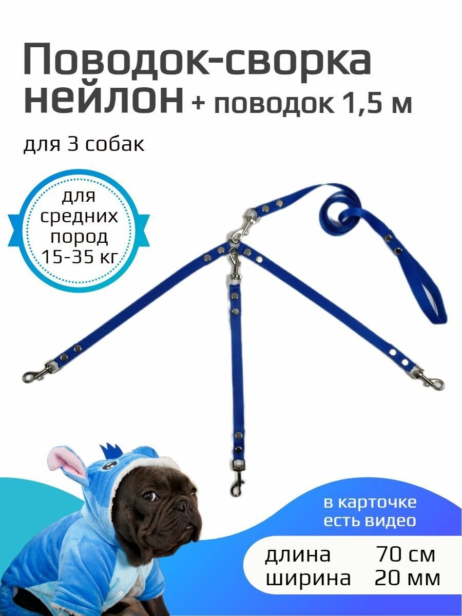 Сворка Хвостатыч для трёх собак нейлон 70 см х 20 мм с поводком 1.5 м (голубой)