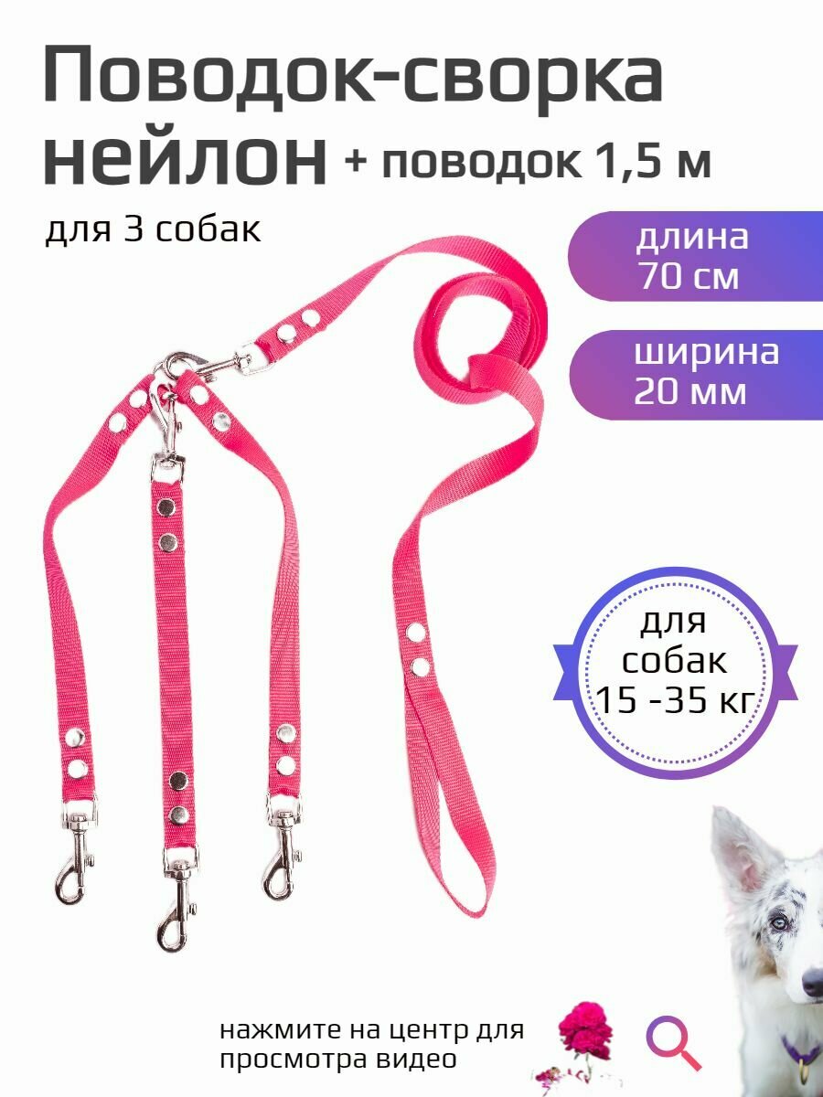 Сворка Хвостатыч для трёх собак нейлон 70 см х 20 мм с поводком 1,5 м (розовый)