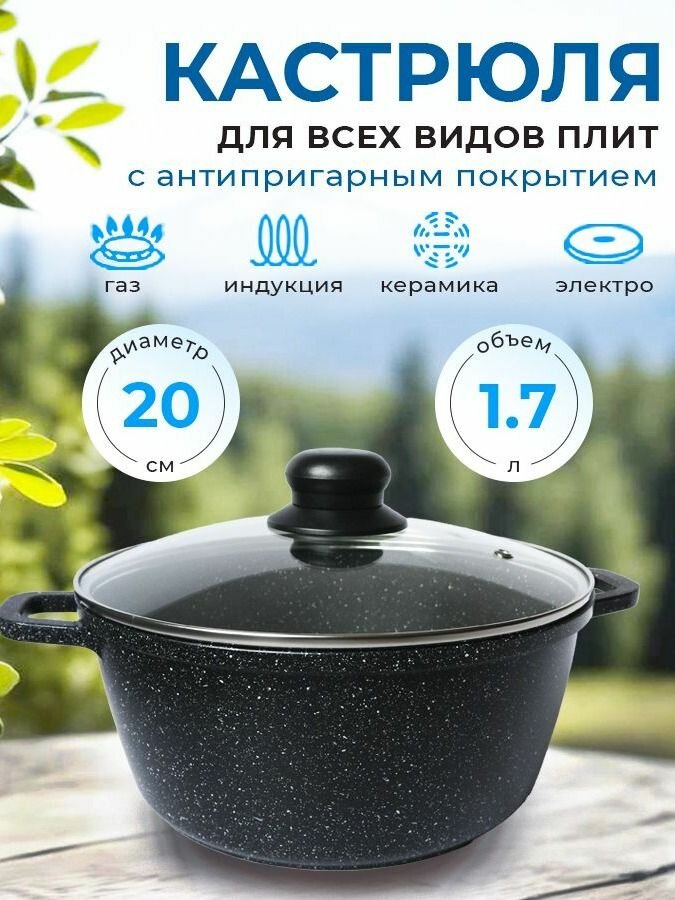 Кастрюля казан с крышкой, антипригарное покрытие, 1.7 литра