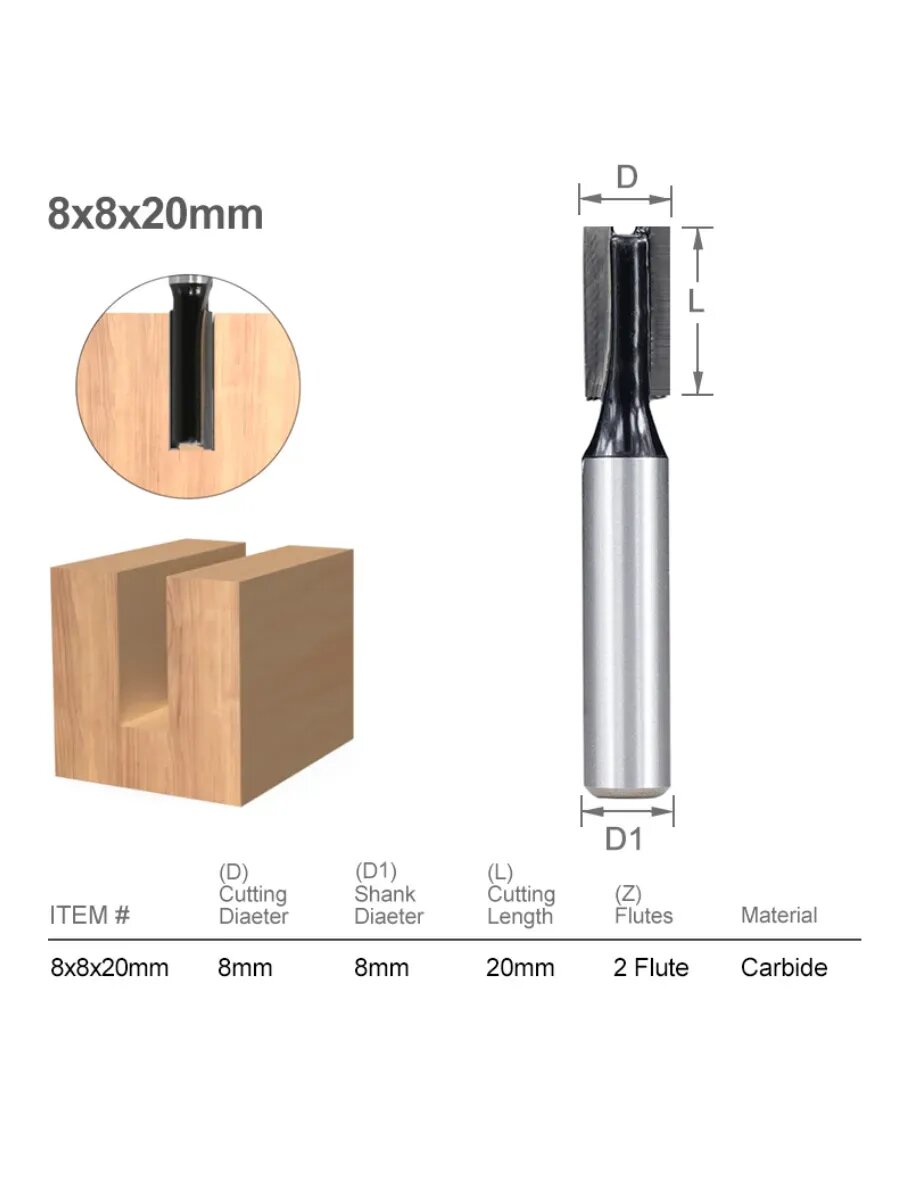 Фреза пазовая прямая XCAN по дереву, 8х20x8 мм, обоюдоострый, лезвие из вольфрамовой стали, для дерево, МДФ, пластик
