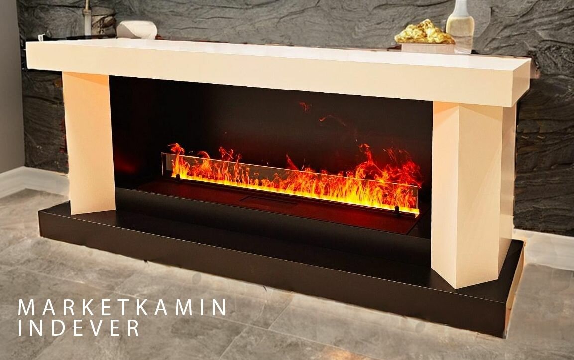 Электрокамин в современном стиле MARKETKAMIN INDEVER 3D с автоматическим паровым биокамином с увлажнением воздуха. Габариты (ШxВxГ): 1800х750х450 мм
