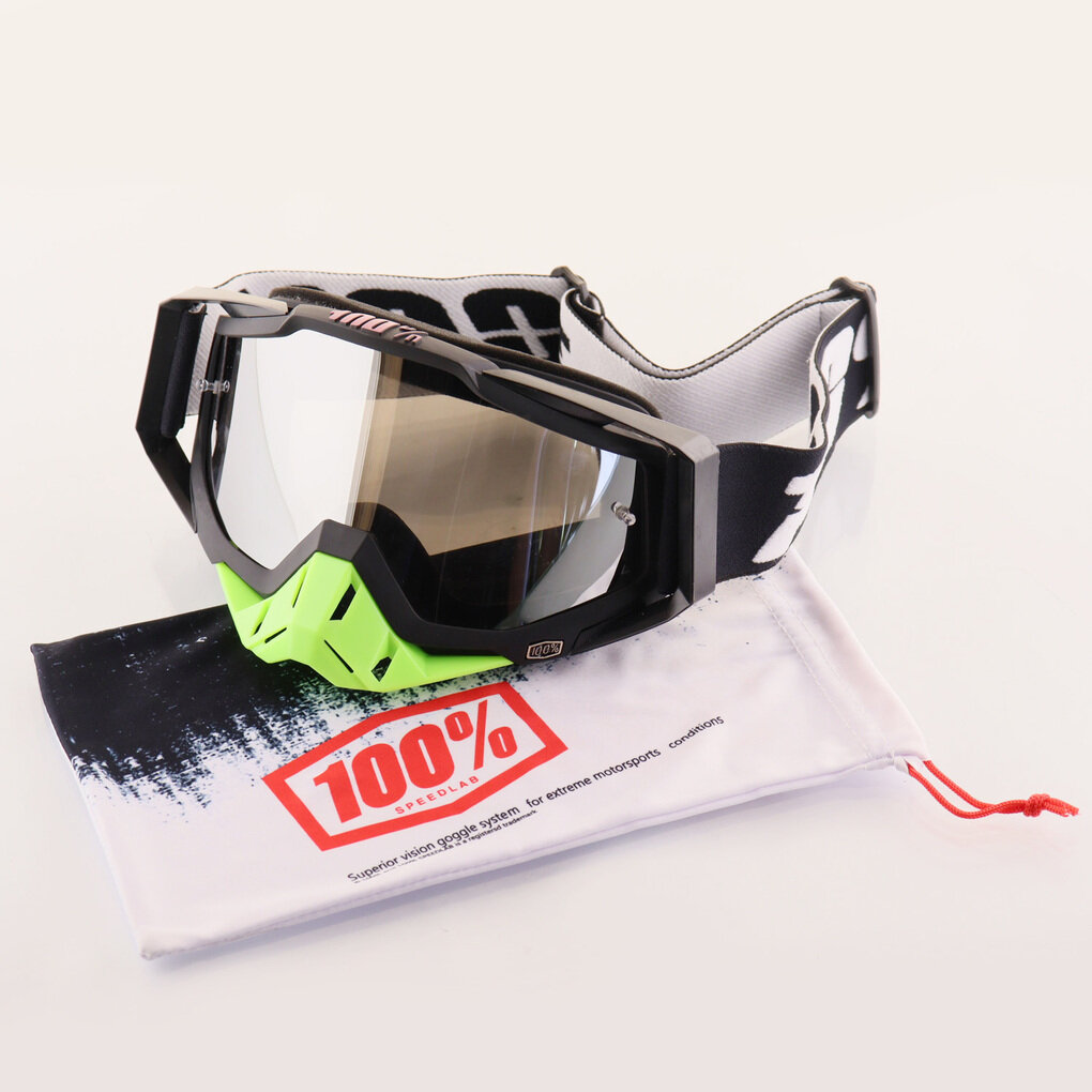 Очки кроссовые для эндуро, мотокросса, снегохода, велоспорта 100% (черный-салатовый, стекло хром, +чехол)