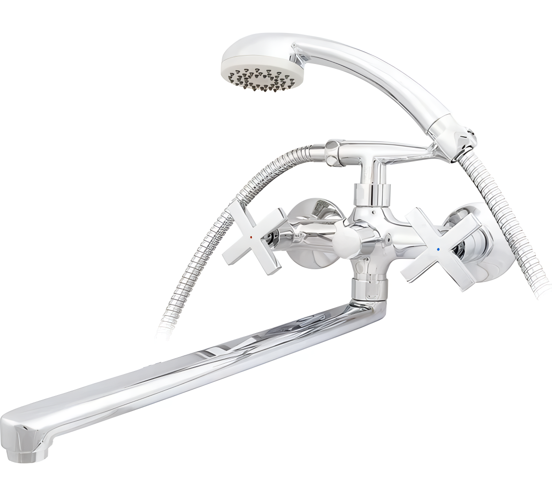 Смеситель для ванны Соффрон двуручный с L-изливом и аксессурами МИКС ЭНД ФИКС 7401-01