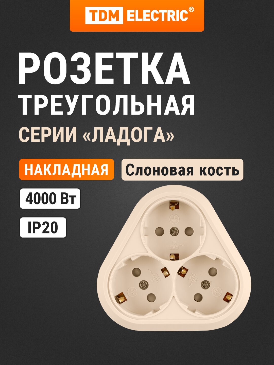 Розетка треугольная 2П+3 открытой установки IP20 16A с защитными шторками сл. кость "Ладога" TDM