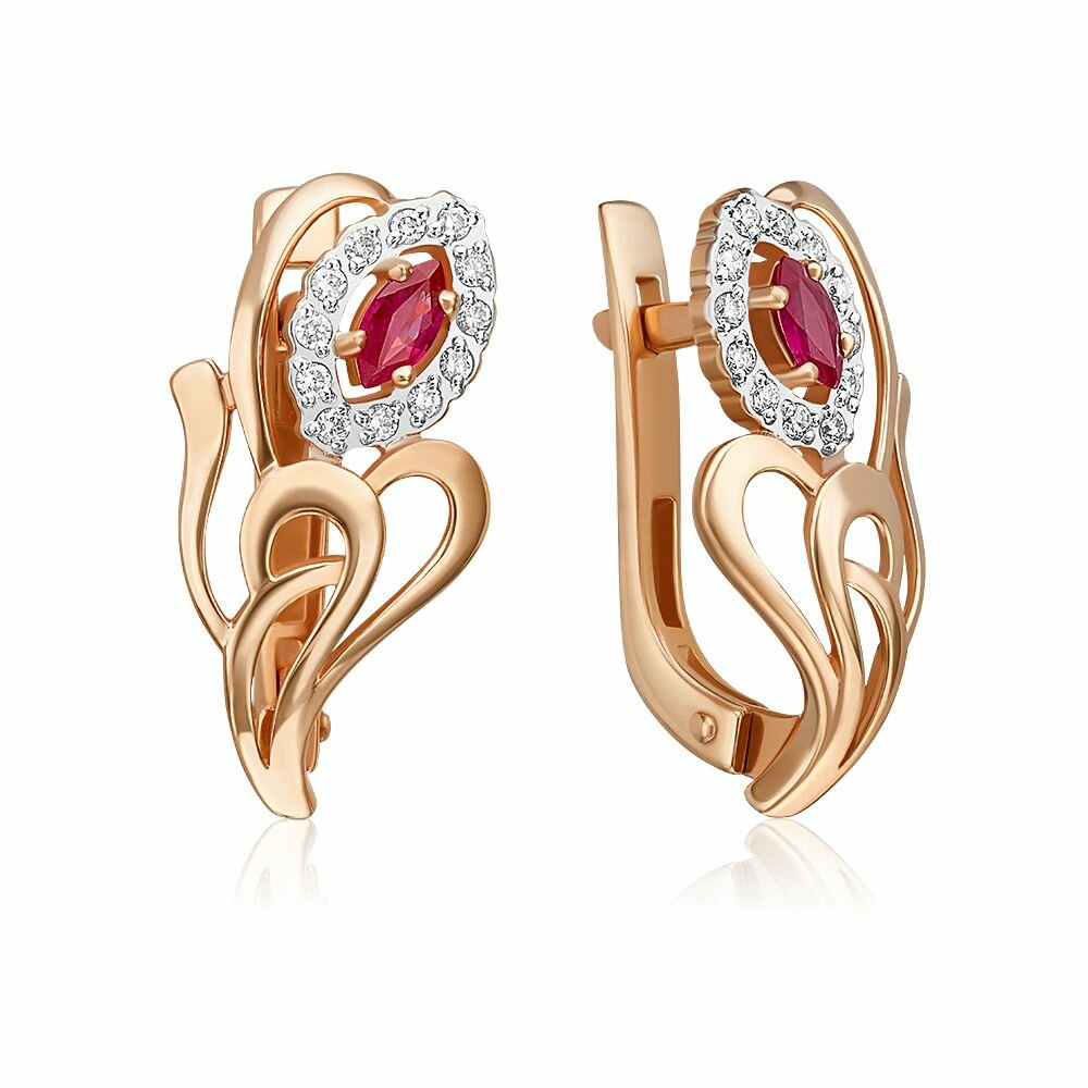 Серьги, красное золото, 585 проба, бриллиант, рубин