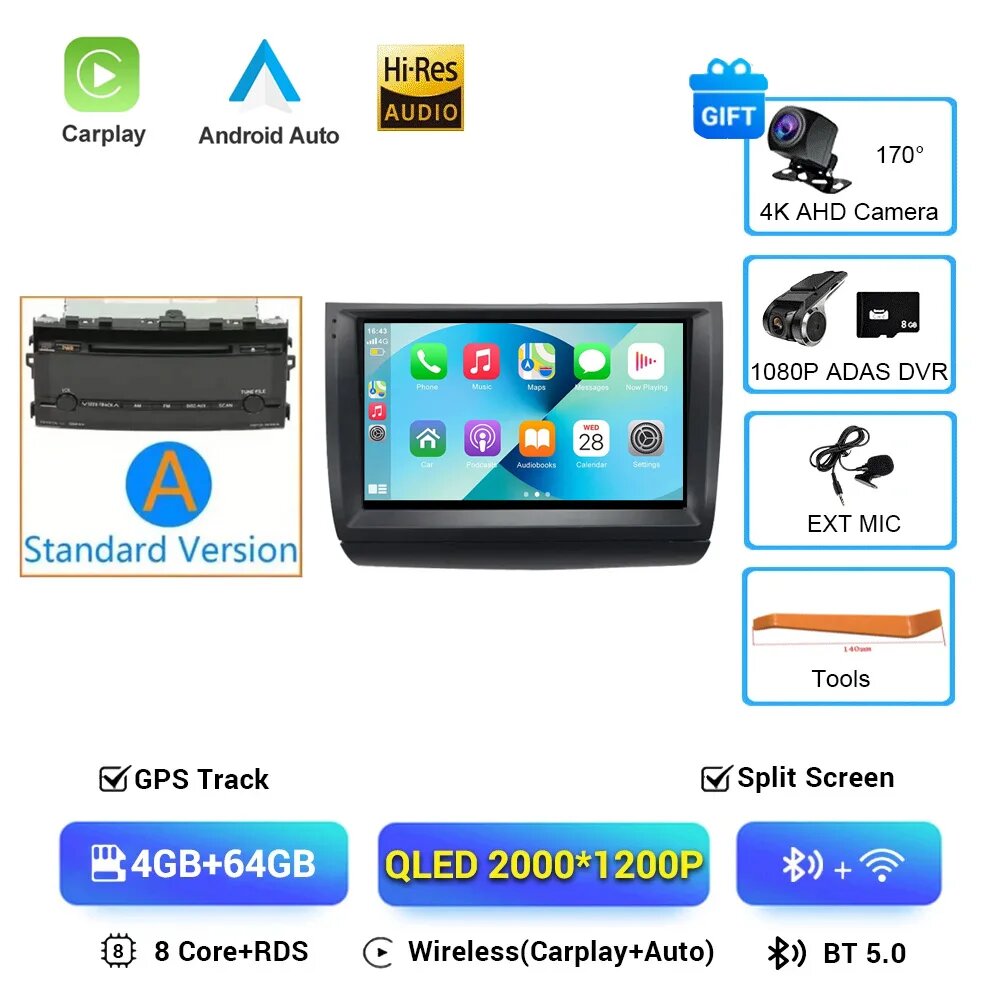 Авторадио Carplay 2 din Android 16 для Toyota Prius 20 2003-2009, автомобильный A-4G-64G CAM DVR