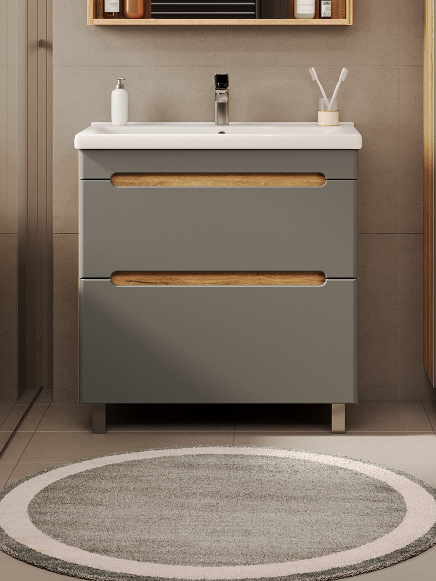 Тумба напольная Vannika Canto 70 с раковиной Миранда 70 для ванной комнаты, дуб вотан, графит софт