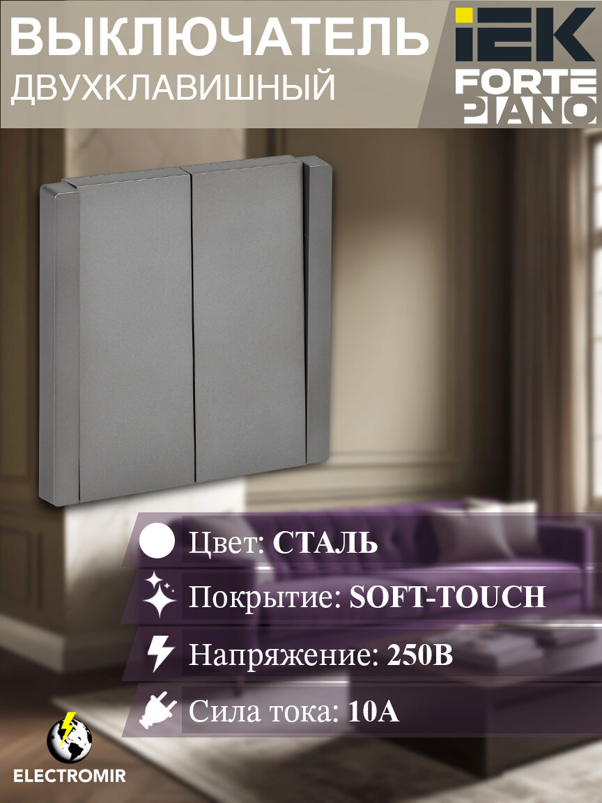 Выключатель, двухклавишный 10А, цвет Сталь IEK "FORTE&PIANO" FP505