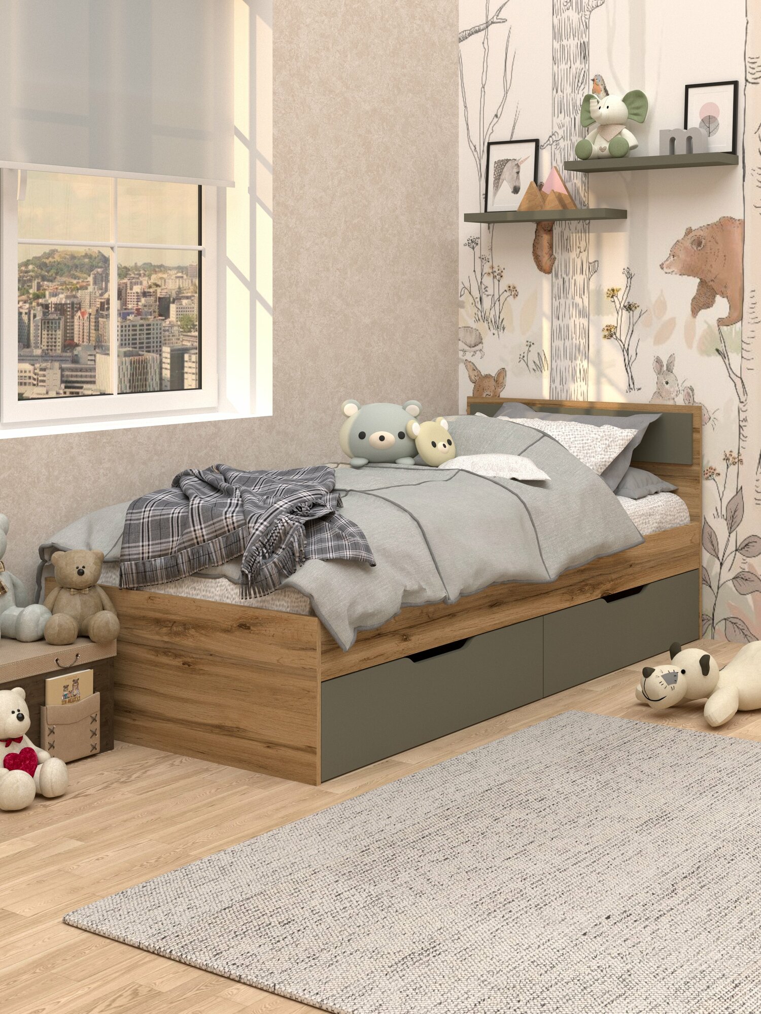 Есэндвич Монако Кровать 90х200 односпальная 203х78х93 см (Дуб вотан/Хаки) с ящиками