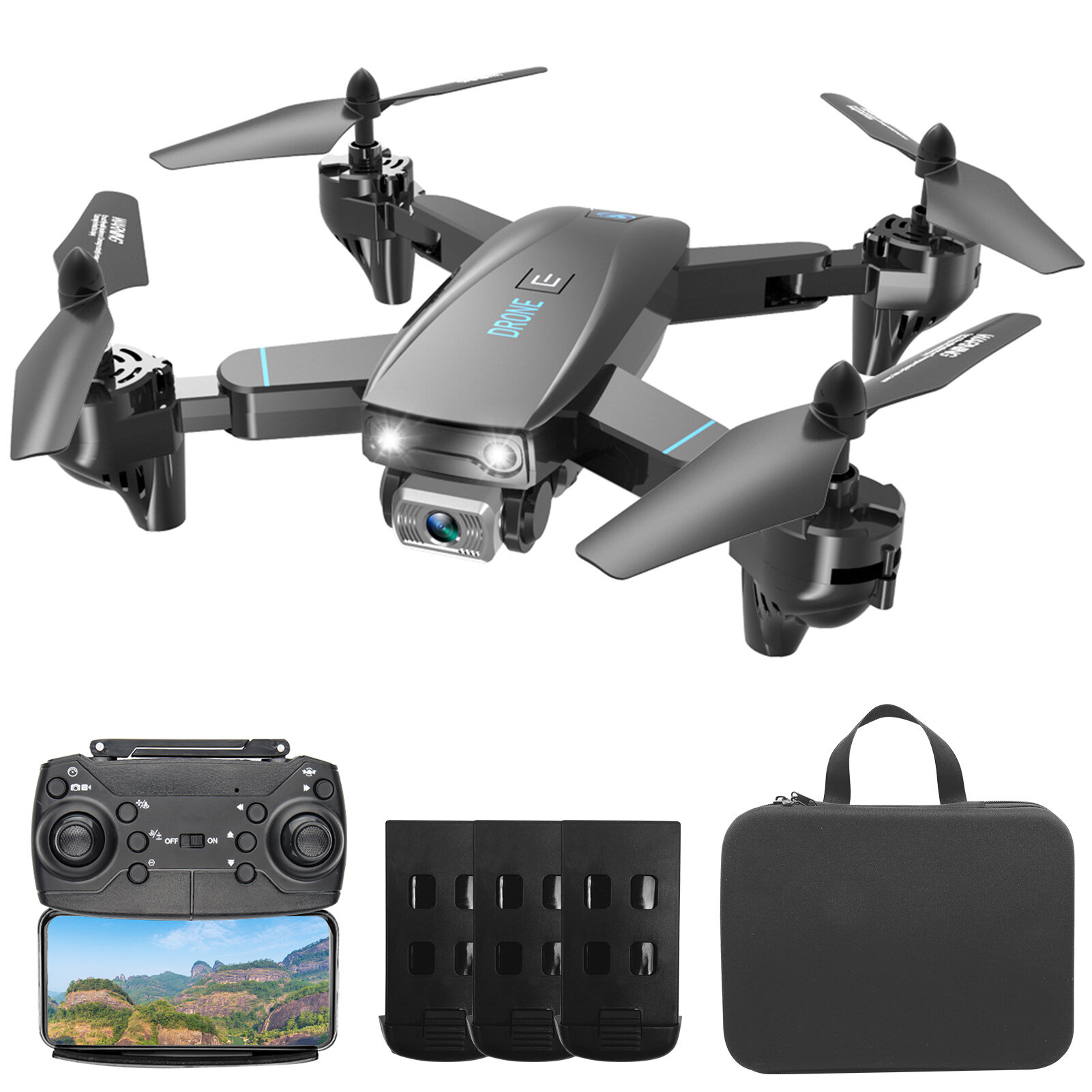 CSJ S173 Беспилотник RC с камерой 4K Двойная камера WiFi FPV Складной квадрокоптер с функцией Траекторная полёт Бесшапочный режим 3D Полёт Пакет с хранилищем 3 АКБ, Мотор: Щеточный мотор, Угол регулировки камеры: 90°, Частота: 2.4Ghz, АКБ: 3.7V 1600mAh,