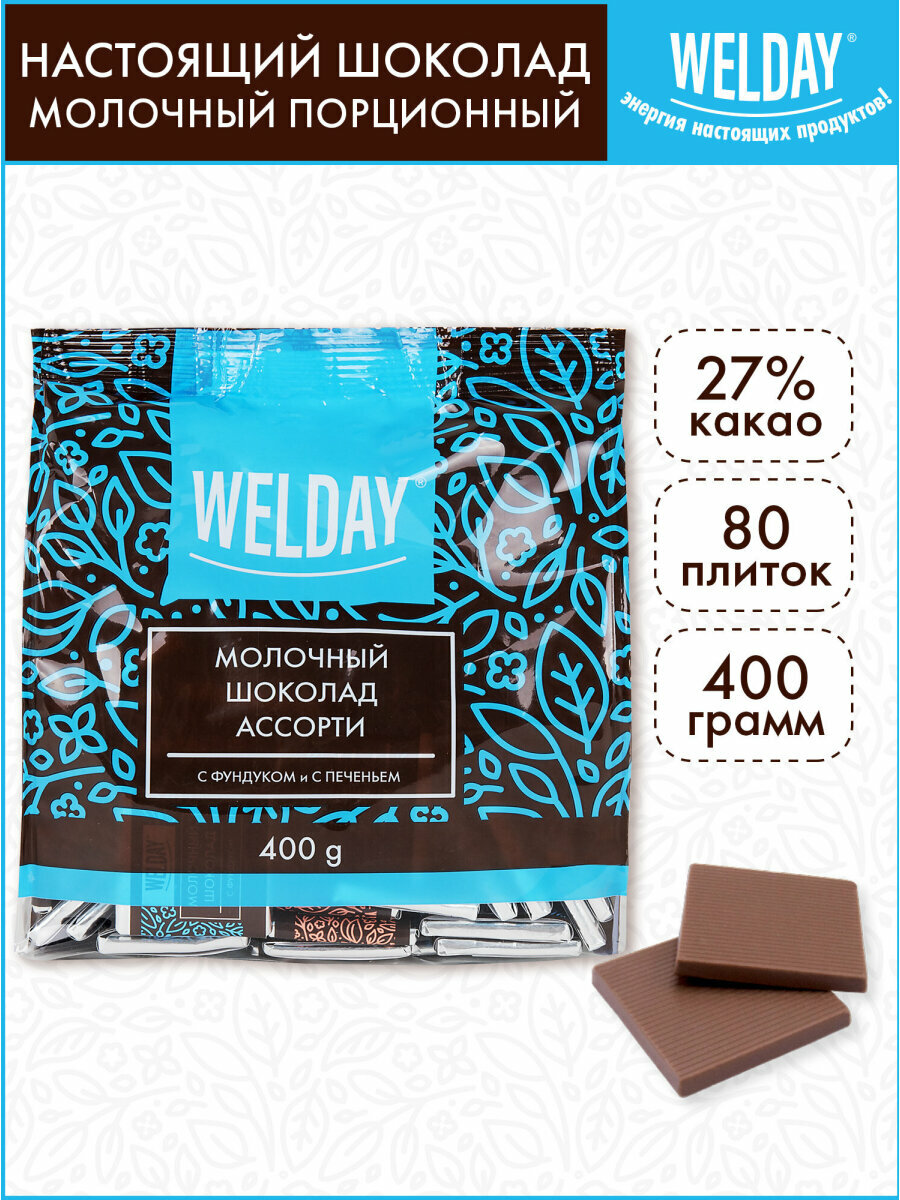 Шоколад порционный мини шоколадки с фундуком и печеньем, молочный 27%, 400 г (80 плиток по 5 г), Welday (вэлдэй), 622408