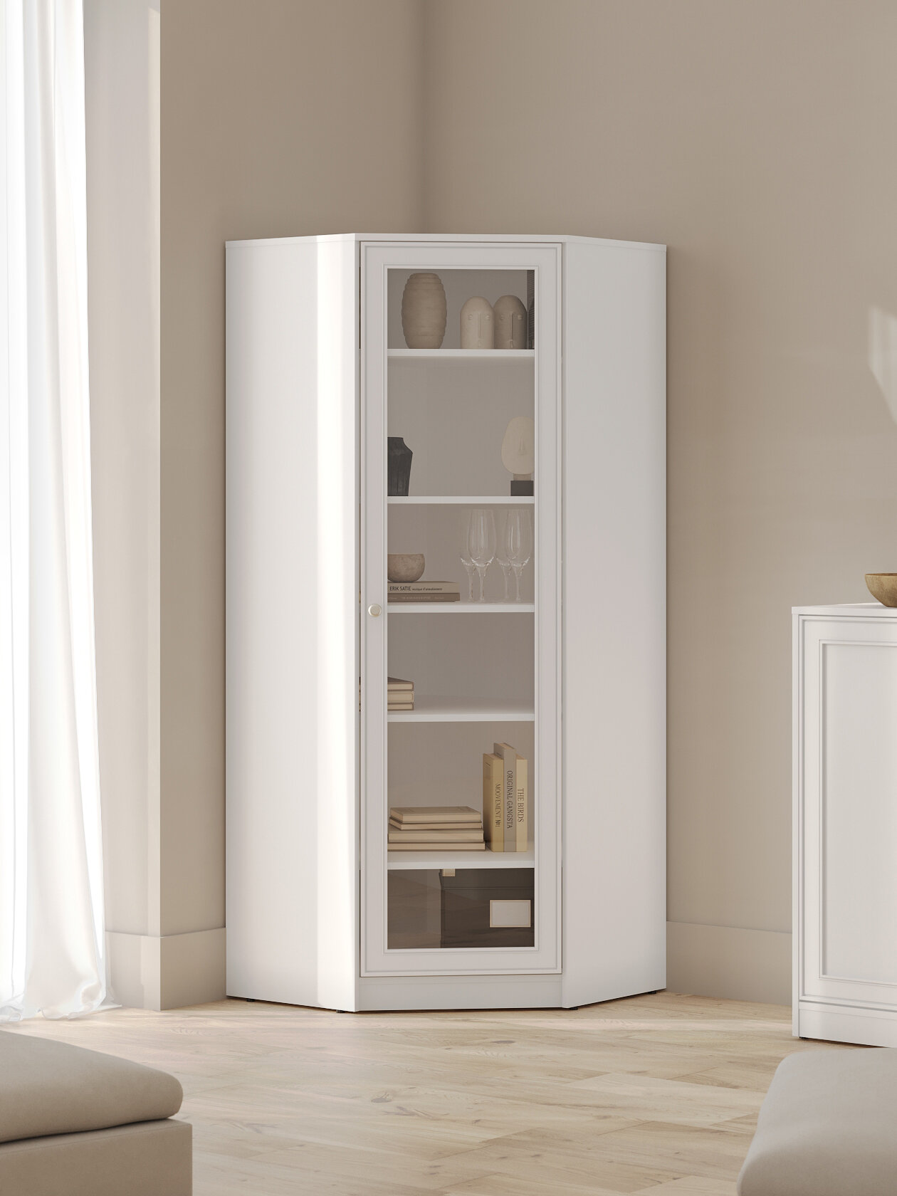 Шкаф-витрина Люсиль угловой, с полками, 75.5х75.5х180.6 см, Белый арктик