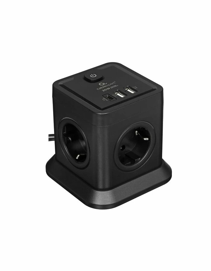Сетевой фильтр Cablexpert TWR-4-CU2-B-2 Tower, 4р, 10А, 1xType-C PD, 20Вт, 2хUSB, 2м, ур. защиты 2+, черн, кор