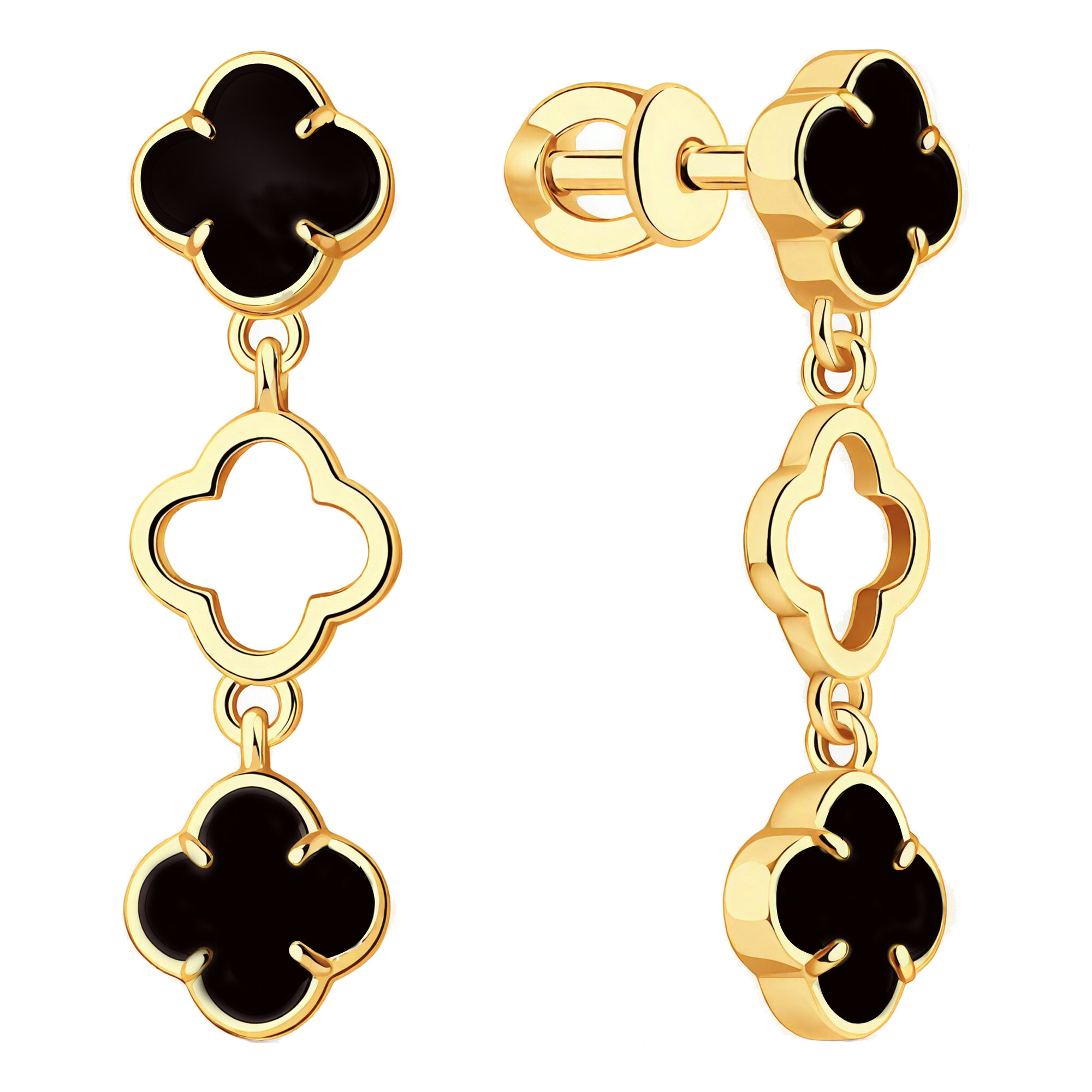 Серьги пусеты, красное золото, 585 проба, оникс