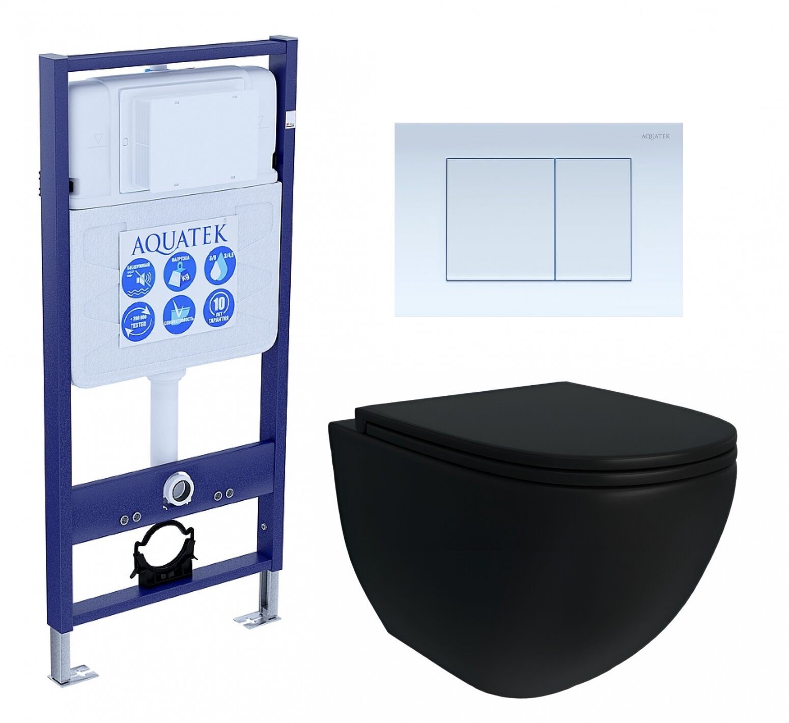 Комплект 3 в 1 инсталляция Акватек Standart 50 + Унитаз подвесной Enio Unico BL Tornado EN4105057 + кнопка белая