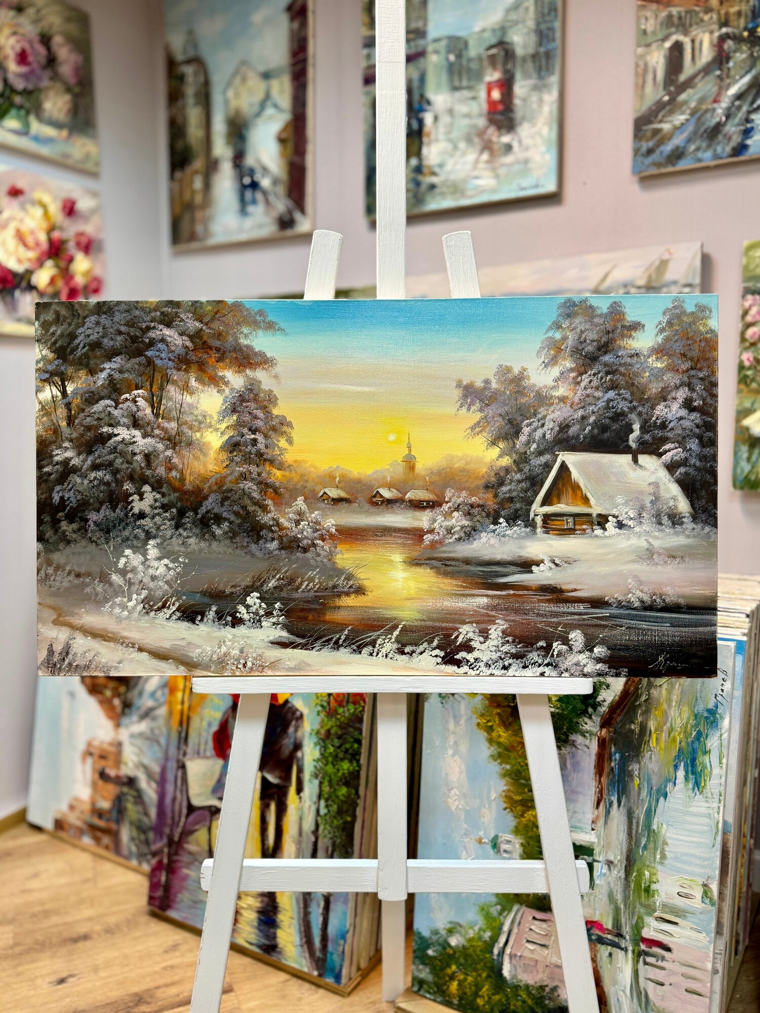 Картина маслом Рассвет в лесу. Зимний пейзаж с храмом домиком и рекой. 90x50 см. Художественная мастерская Грёзы.