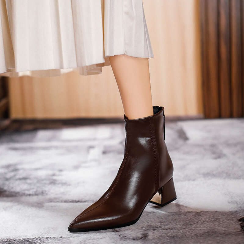 MOOCIE Женские ботильоны на высоком каблуке, ботинки Martin, новые коричневые кожаные ботинки на весну и осень 2025 года, модные женские ботинки с острым носком и толстым каблуком