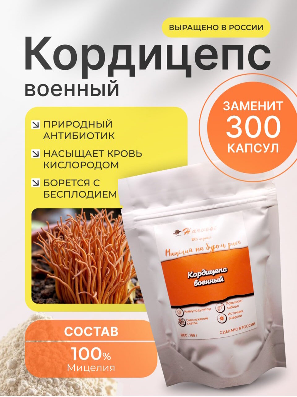 Кордицепс мицелий молотый, выращенный на буром рисе, 100 грамм