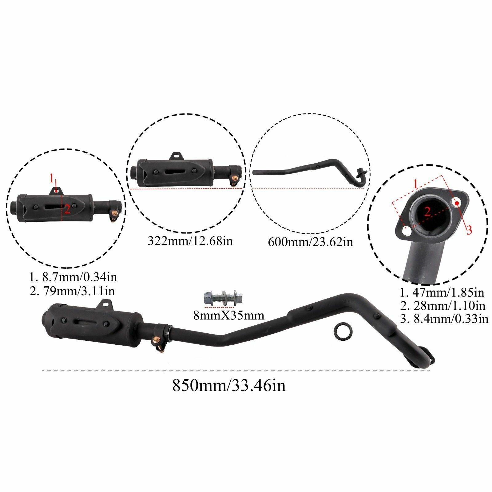 Глушитель выхлопной трубы 28 мм для квадроцикл 110 125cc 150cc Kazuma Roketa