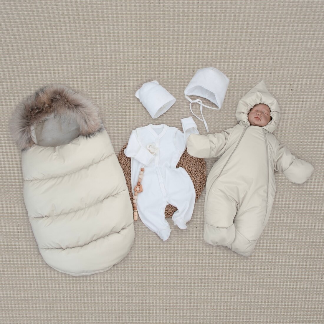 Комплект на выписку 5 предметов "Скандинавия", с опушкой, зимний, латте