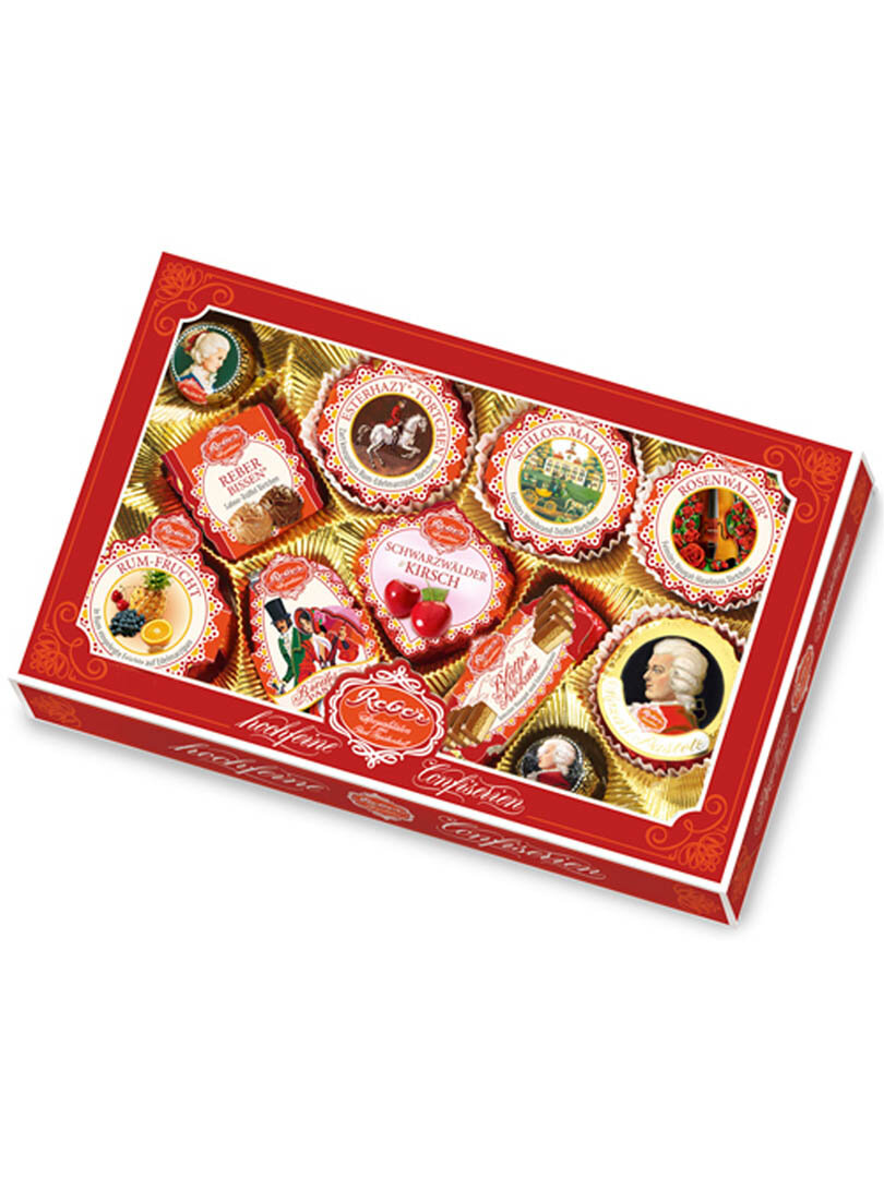 Конфеты шоколадные Reber Mozar ассорти из горького и молочного шоколада с окном, 380 г