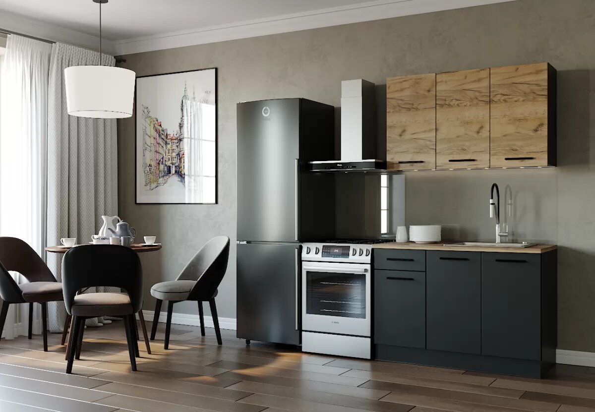 Кухонный гарнитур Sanvut Дели-1200 столешница 26 мм, каркас ЛДСП, фасад ЛДСП, Антрацит/Дуб крафт