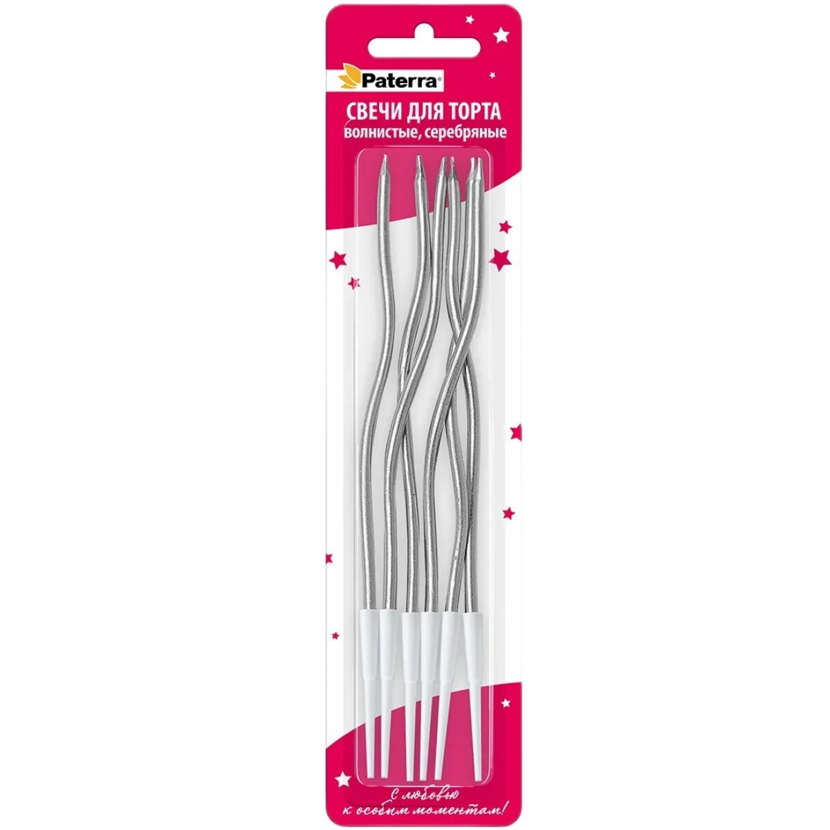 Свечи для торта Волнистые Paterra, в наборе 6 штук, серебряный цвет