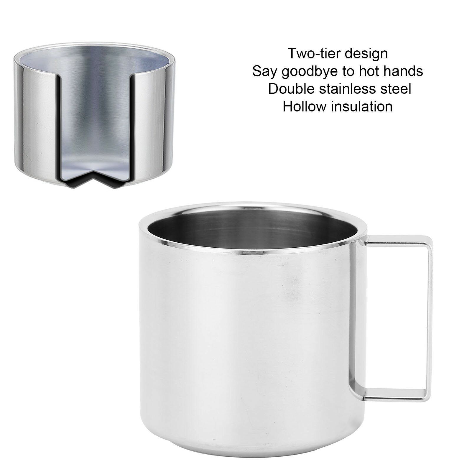 Кофейная чашка из нержавеющей стали, двухслойная изоляция, молочная кружка с ложкой, блюдцем, бытовая (серебро, 280 мл)