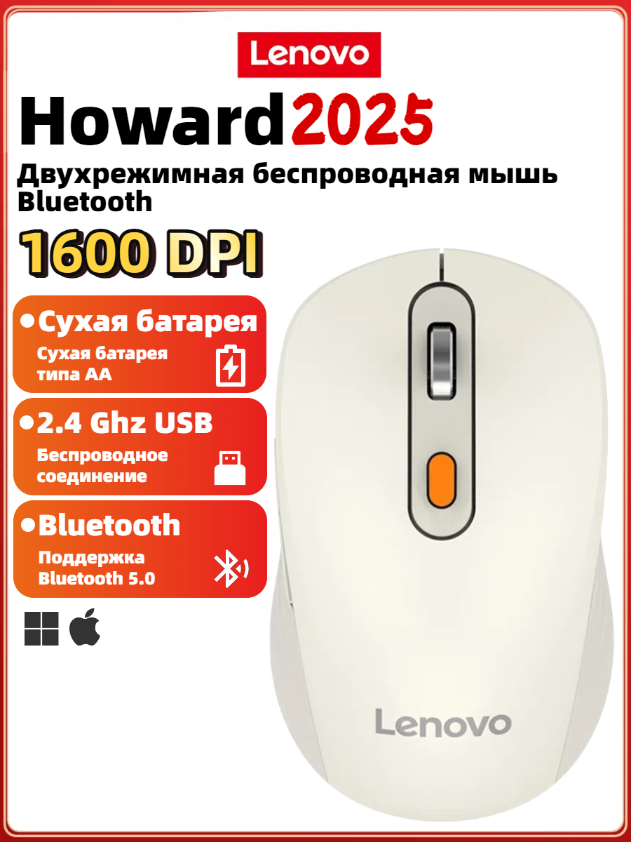 Lenovo Мышь Bluetooth mouse Howard, белая, эргономичный дизайн, удобный захват.