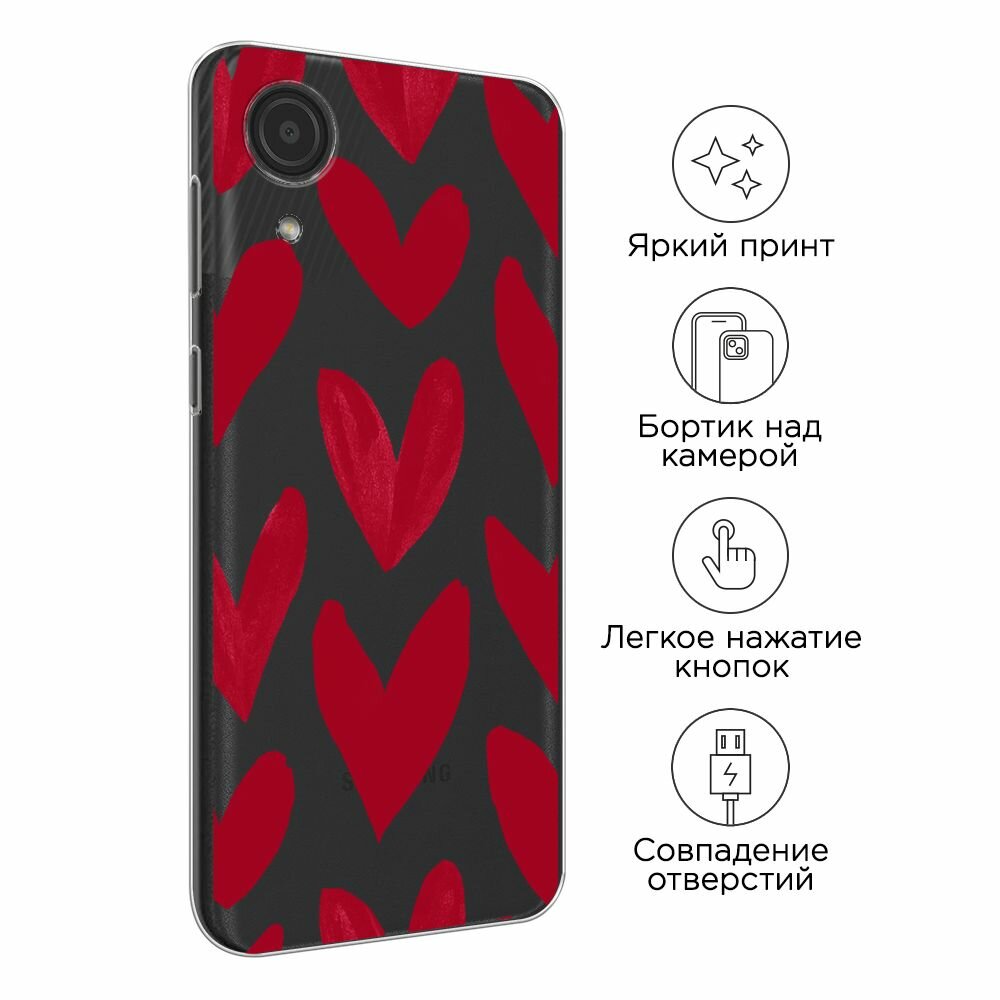 Чехол на Samsung Galaxy A03 Core с принтом "Красные сердечки рисунок - 14 февраля", прозрачный — фото 1