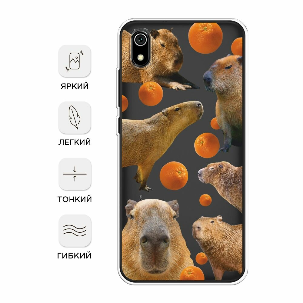 Чехол на Xiaomi Redmi 7A / Сяоми Редми 7А с принтом "Капибара и апельсины", прозрачный — фото 1