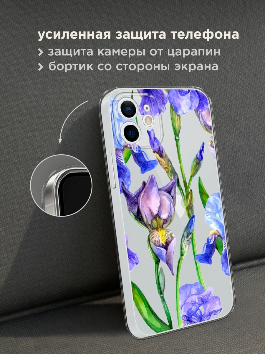 Чехол на Apple iPhone 12 mini / Айфон 12 Мини с принтом "Синие ирисы", прозрачный — фото 1