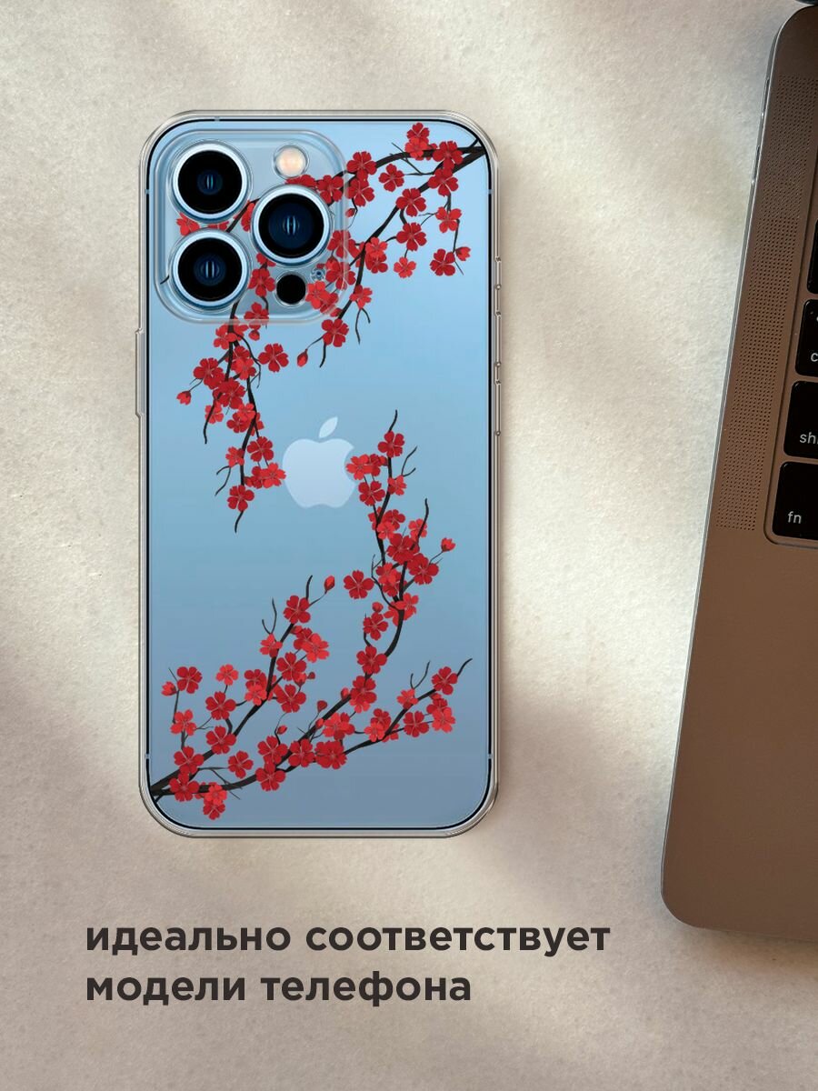 Чехол на Apple iPhone 13 Pro / Айфон 13 Про с принтом "Красная сакура", прозрачный — фото 1