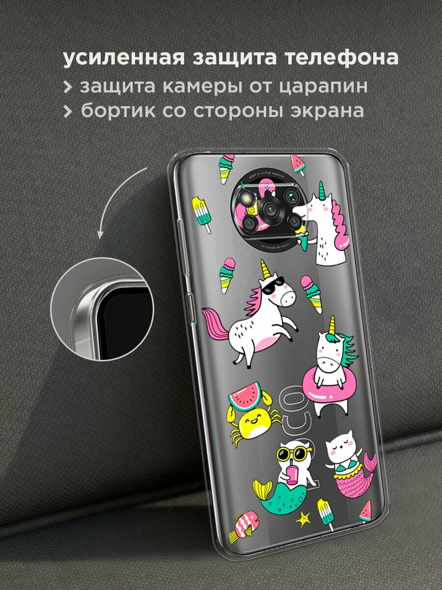 Чехол на Xiaomi Poco X3/X3 Pro / Поко X3/X3 Pro с принтом "Единороги в отпуске", прозрачный — фото 1